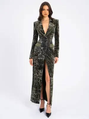 MISS CIRCLE NEW YORK Willow Glossy Stretch Velvet High Slit Blazer Gown