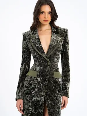 MISS CIRCLE NEW YORK Willow Glossy Stretch Velvet High Slit Blazer Gown