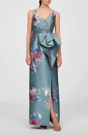 KAY UNGER Kathleen Placed Floral Mikado Column Gown - Cyan Multi