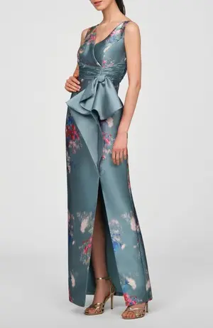 KAY UNGER Kathleen Floral Mikado Column Gown