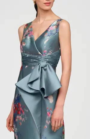KAY UNGER Kathleen Floral Mikado Column Gown