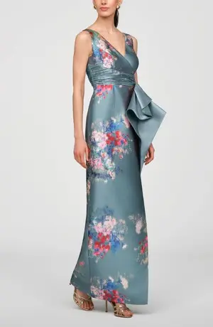 KAY UNGER Kathleen Floral Mikado Column Gown