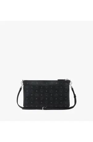 Mcm Visetos Monogram Canvas Pouch With Leather Crossbody Strap - Black