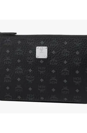Mcm Visetos Monogram Canvas Pouch With Leather Crossbody Strap - Black