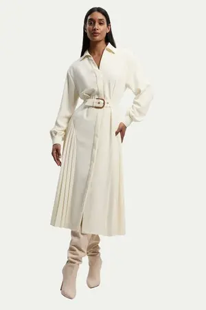 Karen Millen Tailored Crepe Belted Pleated Midi Shirt Dress - Ivory