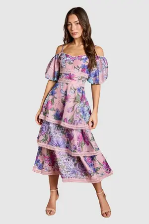 Coast Printed Organza Lace Cold Shoulder Midi Dress - Pink