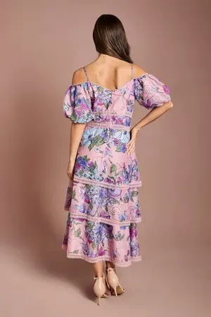 Coast Printed Organza Lace Cold Shoulder Midi Dress
