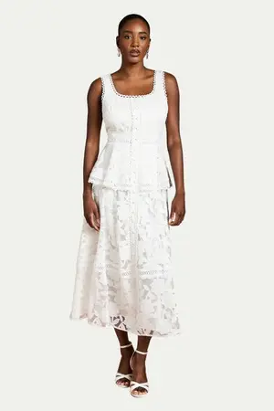 Coast Peplum Hem Button Down Lace Midi Dress - Ivory