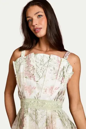 Coast Embroidered Fan Bodice Mesh Midi Dress