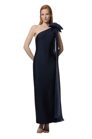 Karen Millen One-shoulder Bow Cape Detail Maxi Dress - Navy