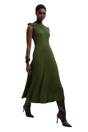 Karen Millen Pointelle Frill Sleeve Knit Midi Dress - Olive