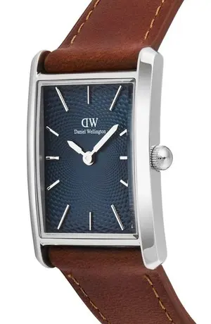 DANIEL WELLINGTON Rectangular Tank Leather Strap Watch - Silver-tone