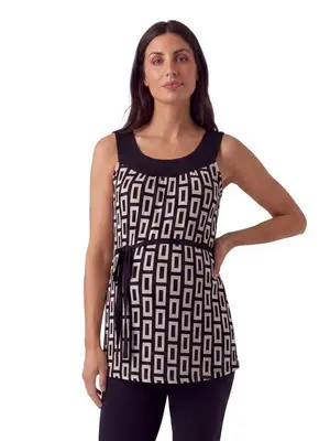 24SEVEN COMFORT APPAREL Maternity Geometric Print Sleeveless Scoop Neck Tunic With Waist Tie - Black Multi