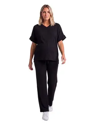 24SEVEN COMFORT APPAREL 24seven Comfort Apparel Maternity Ribbed Knit Dolman Sleeve V-Neck Top And Drawstring Wide Leg Pant Set Black