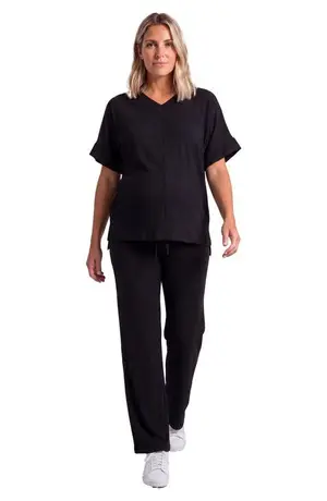 24SEVEN COMFORT APPAREL Maternity Ribbed Knit Dolman Sleeve V-neck Top And Drawstring Wide Leg Pant Set - Black
