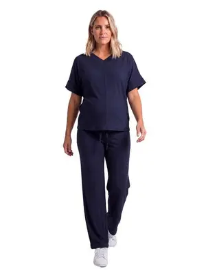 24SEVEN COMFORT APPAREL 24seven Comfort Apparel Maternity Ribbed Knit Dolman Sleeve V-Neck Top And Drawstring Wide Leg Pant Set Navy
