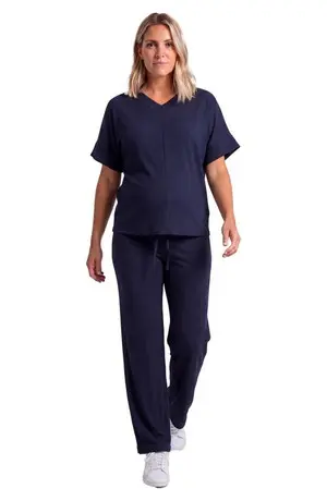 24SEVEN COMFORT APPAREL Maternity Ribbed Knit Dolman Sleeve V-neck Top And Drawstring Wide Leg Pant Set - Navy