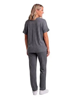 24SEVEN COMFORT APPAREL Maternity Ribbed Knit Dolman Sleeve V-neck Top And Drawstring Wide Leg Pant Set - Smoke