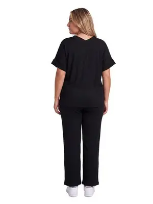 24SEVEN COMFORT APPAREL Ribbed Knit Dolman Sleeve V-neck Top And Drawstring Wide Leg Pant Set - Black