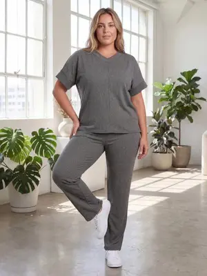 24SEVEN COMFORT APPAREL Ribbed Knit Dolman Sleeve V-neck Top And Drawstring Wide Leg Pant Set - Black
