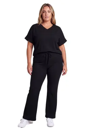 24SEVEN COMFORT APPAREL Ribbed Knit Dolman Sleeve V-neck Top And Drawstring Wide Leg Pant Set - Black