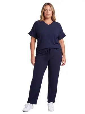 24SEVEN COMFORT APPAREL Ribbed Knit Dolman Sleeve V-neck Top And Drawstring Wide Leg Pant Set - Navy