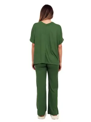 24SEVEN COMFORT APPAREL Ribbed Knit V-neck Dolman Sleeve Top And Drawstring Wide Leg Pant Set - Kiwi