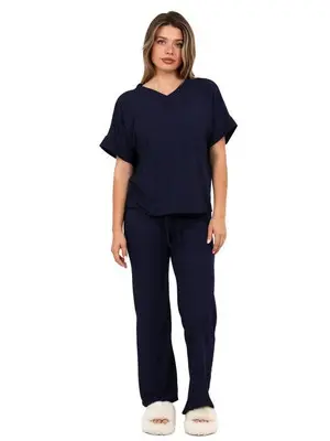 24SEVEN COMFORT APPAREL Ribbed Knit V-neck Dolman Sleeve Top And Drawstring Wide Leg Pant Set - Navy