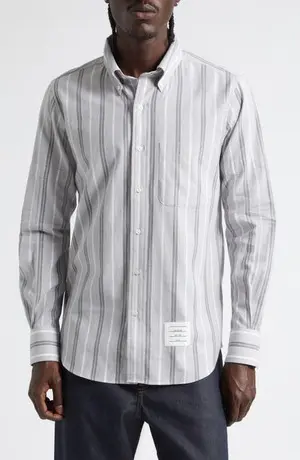 Thom Browne Straight Fit Stripe Cotton Button-down Shirt - Medium Grey
