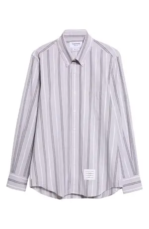 Thom Browne Straight Fit Stripe Cotton Button-down Shirt