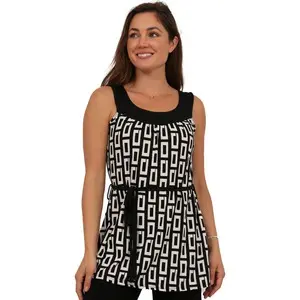 24SEVEN COMFORT APPAREL Sleeveless Geometric Print Scoop Neck Tunic Top With Waist Tie - Black Multi