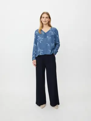 MASAI COPENHAGEN Denim Floral Print V-neck Blouse