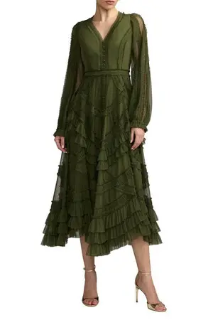Mac Duggal V-neck Mesh Midi Dress With Ruffled Trim - Olive