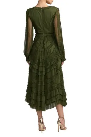 Mac Duggal V-neck Mesh Midi Dress With Ruffled Trim - Olive