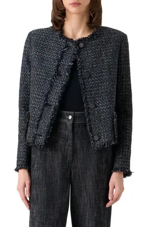 AKRIS Akris Punto Boxy Fringe Cotton Blend Tweed Jacket