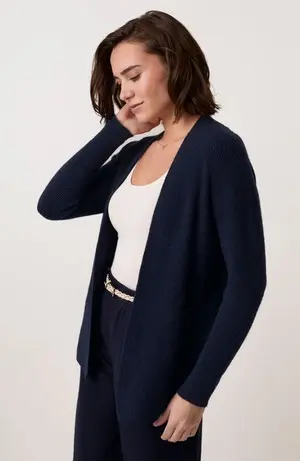 CELTIC & CO. Longline Ribbed Knit Open Front Cardigan - Navy
