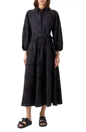 Akris Floral Embroidered Eyelet Cotton Poplin Shirtdress - Black