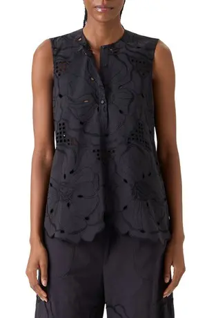 Akris Flower Eyelet Sleeveless Cotton Poplin Top - Black