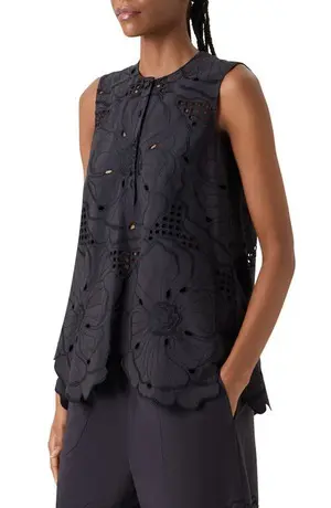Akris Flower Eyelet Sleeveless Cotton Poplin Top