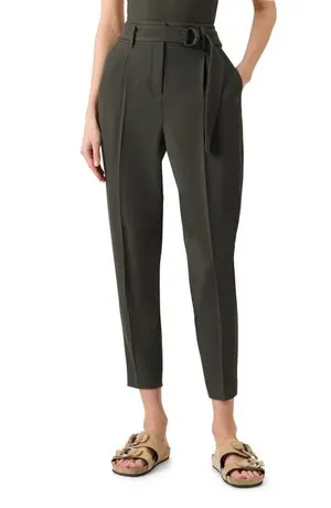 Akris Fred Belted High Waist Crop Virgin Wool Tricotine Pants - Olive