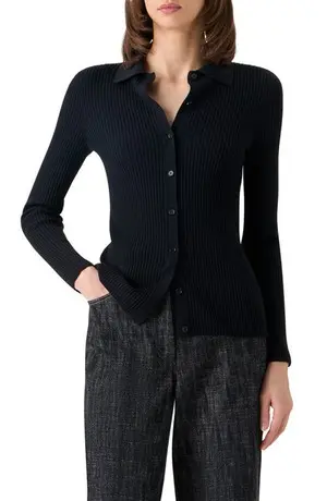 Akris Fitted Merino Wool Rib Cardigan - Black