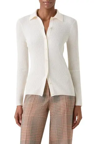Akris Fitted Merino Wool Rib Cardigan - Cream