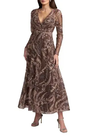 Mac Duggal Embroidered V-neck Long Sleeve Midi Dress - Chocolate