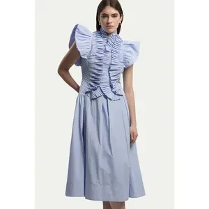 Karen Millen High Neck Pleated Ruffle Midi Dress With Architectural Sleeves - Stripe
