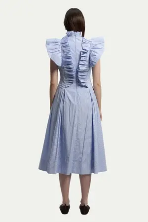 Karen Millen High Neck Pleated Ruffle Midi Dress With Architectural Sleeves