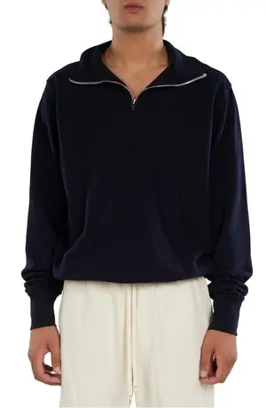 LES TIEN Pique Banded Half Zip Yacht Pullover - Navy
