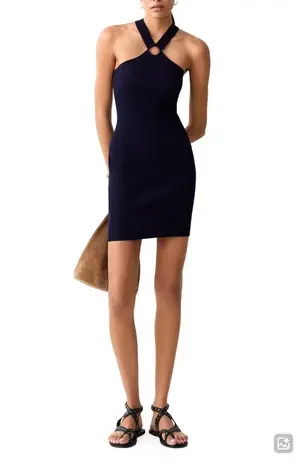 Mango Ribbed Halterneck O-ring Dress - Navy