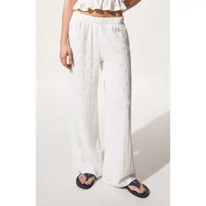 Mango Embroidered Eyelet Straight Leg Pants - Off White