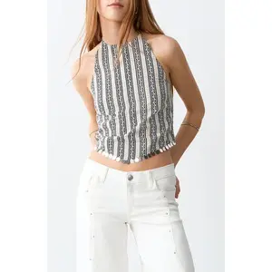 Mango Printed Halter Crop Top - Ecru