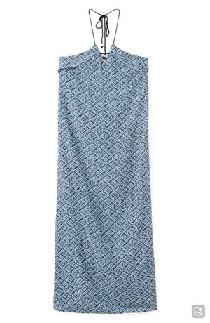 Mango Printed Halter Neck Open Back Midi Dress - Navy